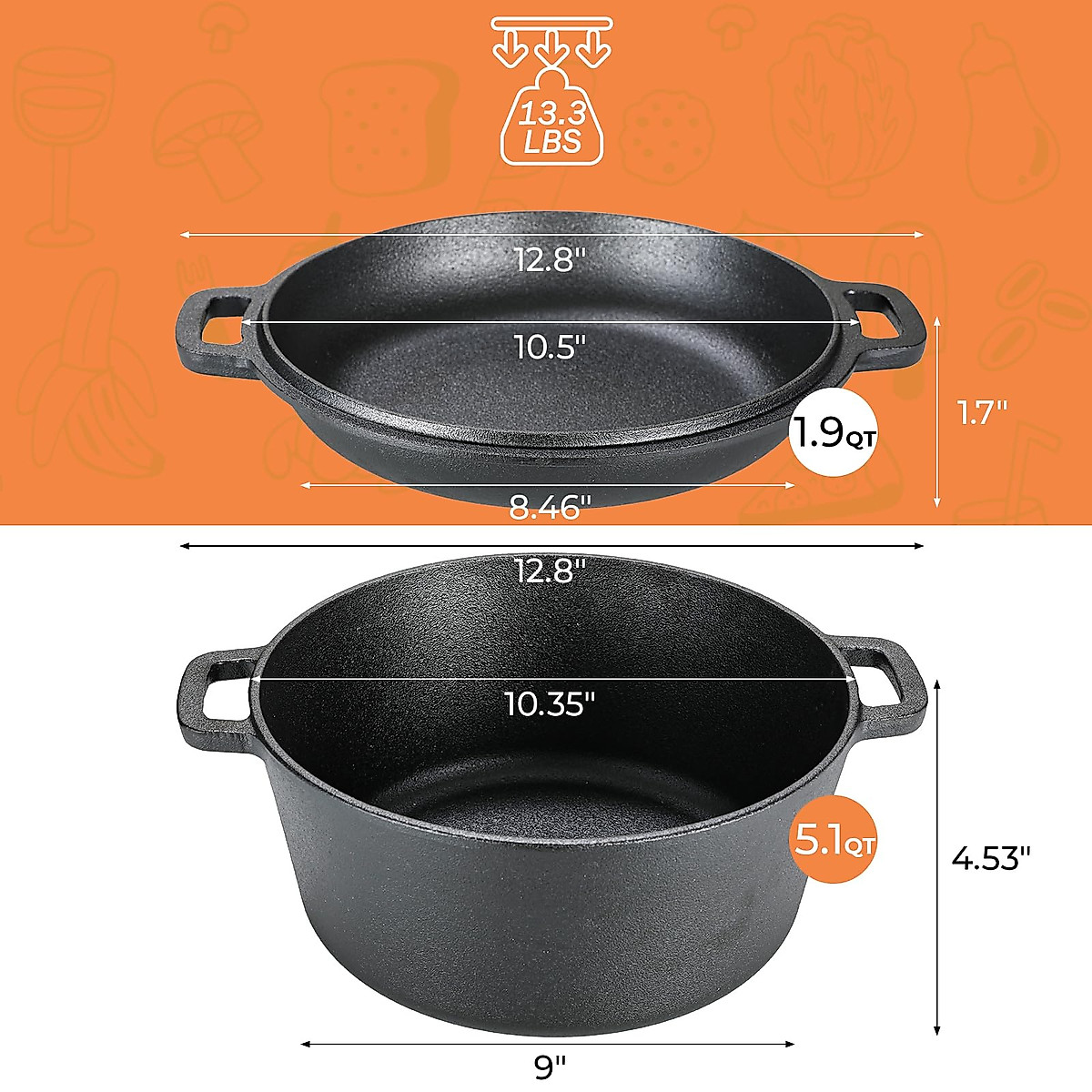 LIFERUN Dutch Oven Pot with Lid, 5.1 Quart Pot without Lid + 1.9 Quart Lid - Cast Iron Dutch Oven with Lid - Lid Doubles as Cast Iron Skillet - Silicone Handle Holders, Iron Stand - Use in the Oven, Stove, BBQ, Grill, Campfire