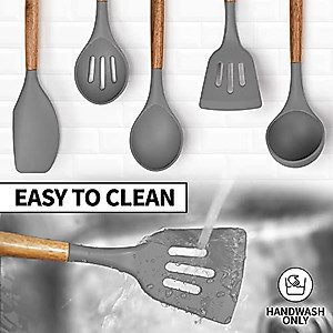 Zulay Kitchen Utensils Set - Non-Stick Silicone Cooking Utensils Set with Authentic Acacia Wood Handles - 5 Piece Silicone Utensil Set - Silicone Kitchen Utensils Set (Gray)