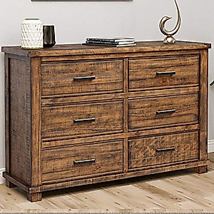 Knocbel Farmhouse 6-Drawer Dresser with Antique Metal Handles, Reclaimed Pine Wood Double Chest of Drawers, Fully Assembled, 56" L x 18.3" W x 36.6" H (Natural)