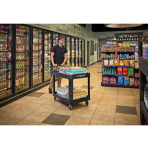 Rubbermaid Commercial Products 2-Shelf Utility/Service Cart, Medium, Lipped Shelves, Ergonomic Handle, 500 Lbs Capacity, for Warehouse/Garage/Cleaning/Manufacturing (FG452088BlA)