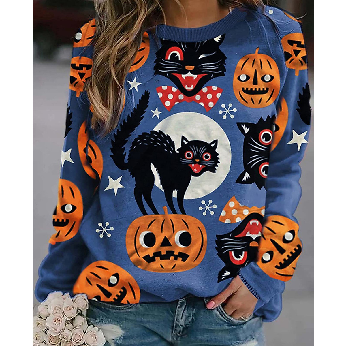 Neyaolk Women Halloween Sweatshirt Pullover Lightweight - Pumpkins Cats Moon Printing Raglon Long Sleeve Blouse Blue XXL