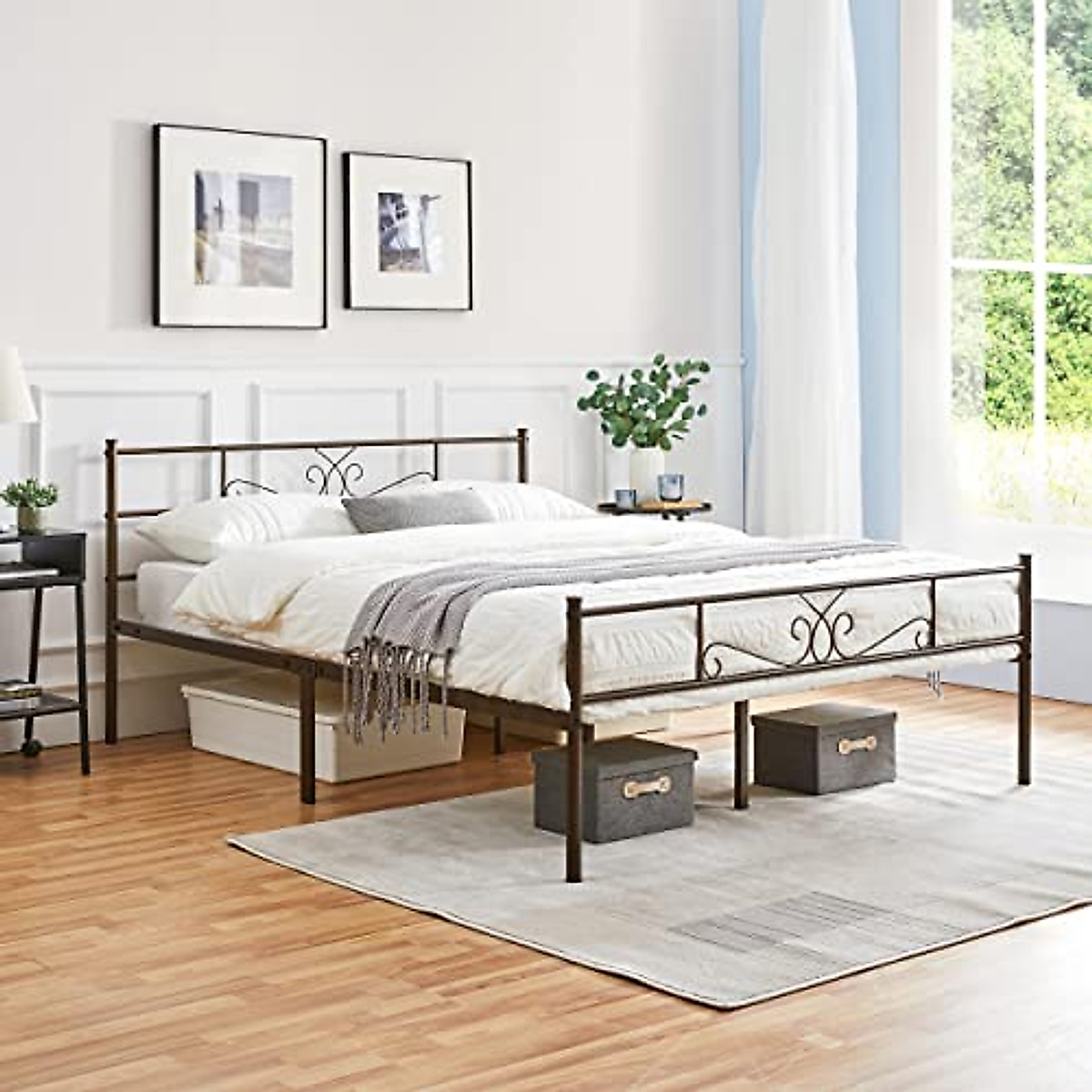 Yaheetech Classic Metal Platform Bed Frame with Headboard and Footboard Flower Design Mattress Foundation Easy Set Up Structure Full Size Bronze