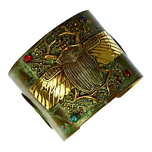 Elaine Coyne Collectible Artwear Patina Brass Egyptian Scarab Motif Wide Cuff Bracelet - Carnelian, Navy Onyx, Turquoise