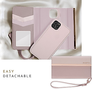 HABITU [Folio Collection 2022 Eris Tri-Fold Pink Wallet Case for iPhone 12 Pro Max, Detachable Vegan Leather Magnetic Folio with Card Pockets, Mirror & Strap for Women, for Women