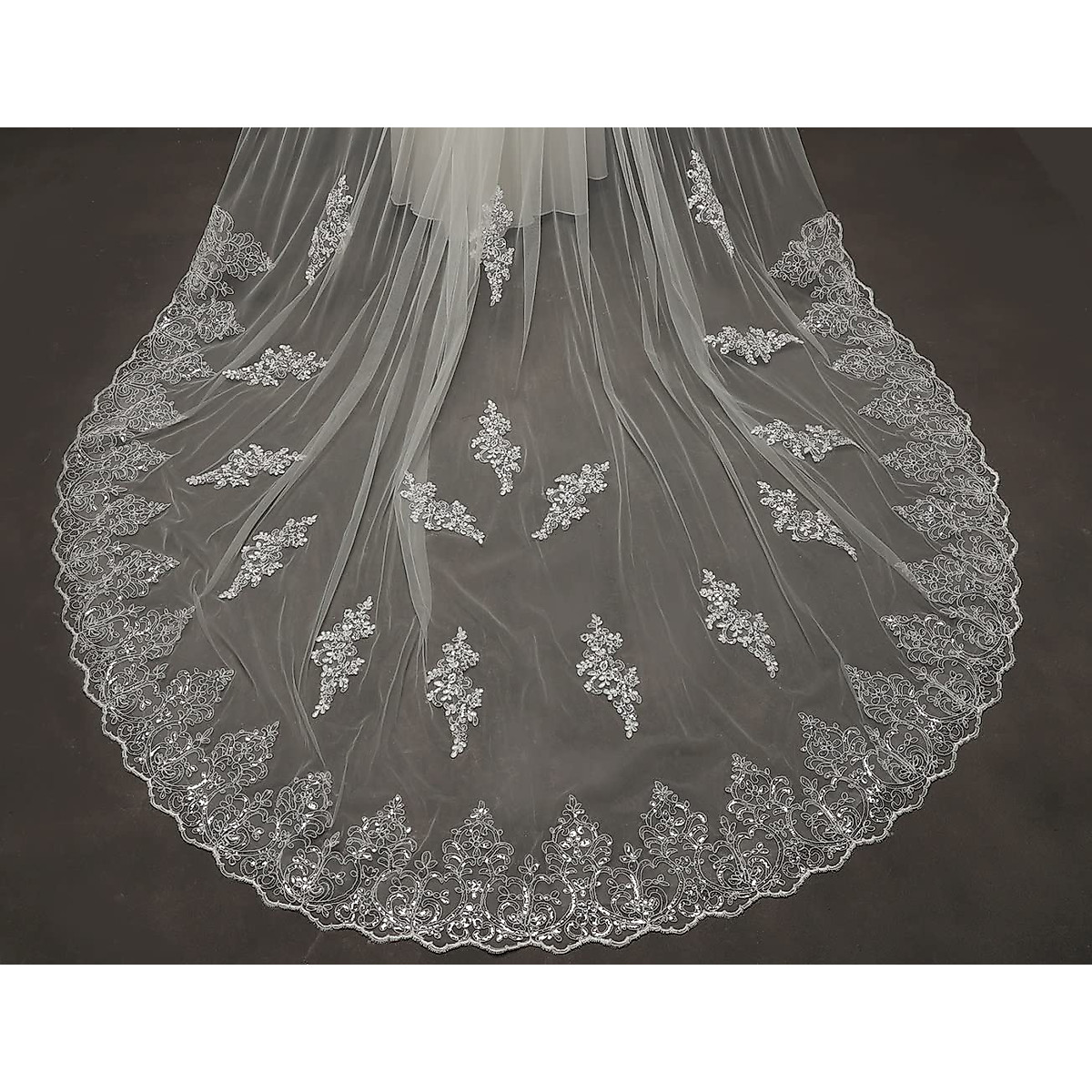 EllieHouse Cathedral 1 Tier Sequin Lace Wedding Bridal Veil White