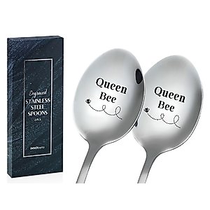 INNObeta Bee Gifts for Women, Engraved Ice Cream Spoons, 2 Pcs Stainless Steel Coffee Spoon, Queen Bee
