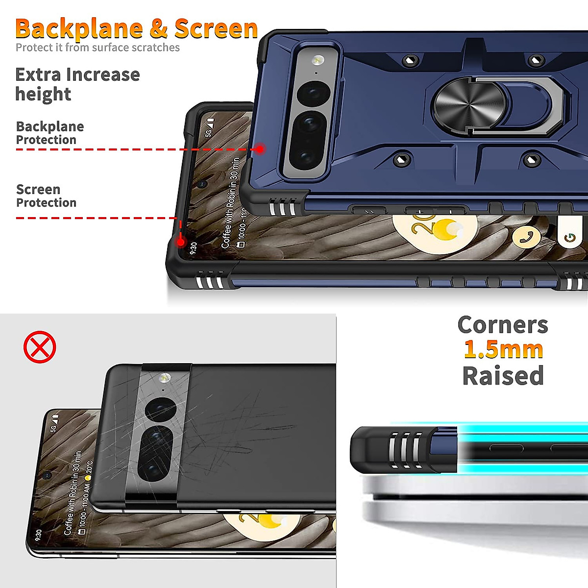 Suordii Case for Google Pixel 7 Pro with Tempered Glass Screen Protector, Durable Military-Grade Heavy Duty Phone Case with Ring Holder Kickstand for Google Pixel 7 Pro - Blue