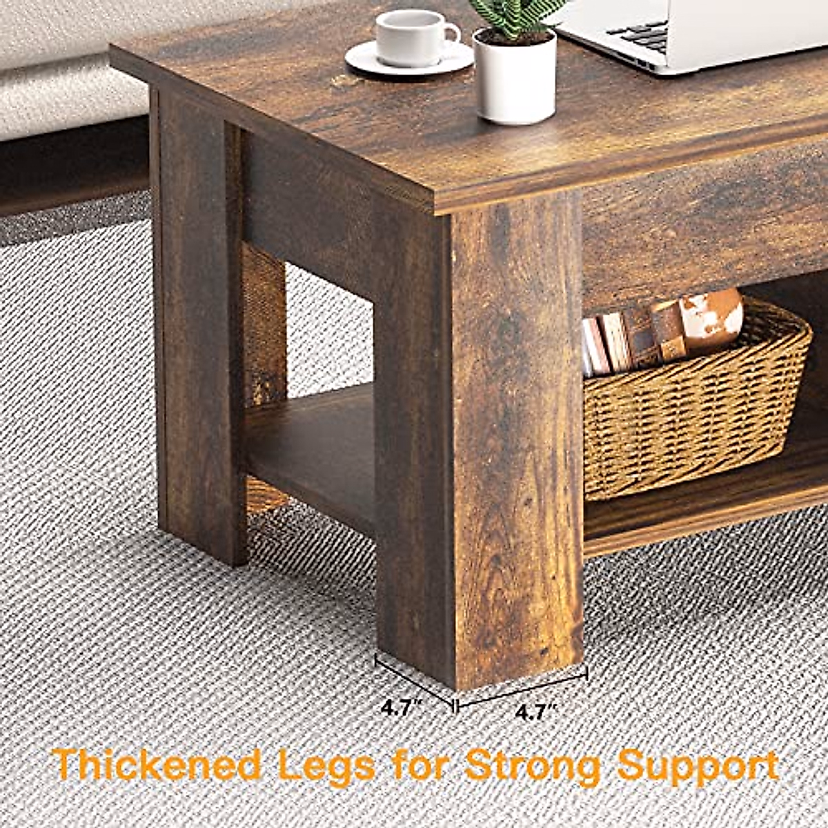 NOBLEWELL Coffee Table Lift Top with Storage Compartment and Separated Open Shelves, Pop Up Coffee Table for Living Room, 39.4in L, Vintage Brown
