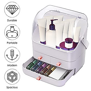 Elavain Cosmetics Organizer Countertop Makeup Holder, Plastic Caddy Skincare Organizers and Storage, Bathroom Shelf Organizer w/ Portable Handle, Lid made of Waterproof & Dustproof Acrylic Fully Open