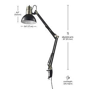 Globe Electric 62000009 32" Multi-Joint Desk Lamp with Metal Clamp, Matte Black, Antique Brass Accents, On/Off Rotary Switch on Shade, Partially Adjustable Swing Arm, Home Décor, Office Accessory