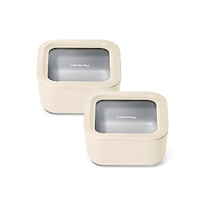 Caraway 2pc Glass Food Storage Set - 4.4 Cup Food Containers (2) - Ceramic Coated - Non Toxic, Non Stick Lunch with Lids - Dishwasher, Oven, & Microwave Safe - Cream