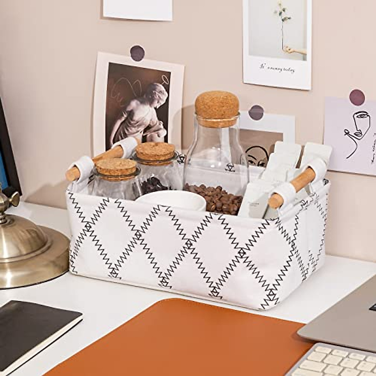 LUFOFOX Decorative Collapsible Rectangular Fabric Storage Bin Organizer Basket with Wooden Handles for Clothes Storage, 11"×7.1"×3.9", White