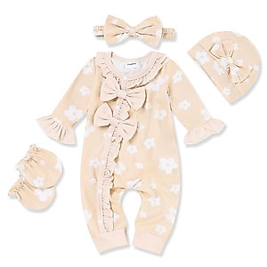 Okgirl Newborn Girl Clothes Baby Girl Outfit Floral Romper Cream Jumpsuit Bow Ties Baby Girl Outfit
