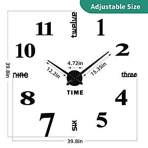 VREAONE Frameless DIY Wall Clock,Large Modern 3D Mirror Sticker kit for Home Living Room Bedroom Office Wall Decorations(Black)