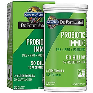 Garden of Life Dr Formulated Probiotics Immune Support, Complete with Prebiotics, Postbiotics, D3 & Zinc for Gut and Digestive Health - Organic Vegan Prebiotic Fiber for Women and Men - 30 Day Supply
