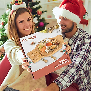 Parmedu Bamboo Cheese Board Set: Appetizer & Cheese Platter Serving Tray Charcuterie Board Set with Forks and Knives & Ergonomic Metal Handles & Exquisite Package - Nice Gift and Choice for Wedding