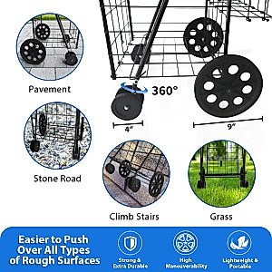 Upgraded Shopping Cart w/ 360° Swivel Wheels & Waterproof Basket Liner for Groceries, Shopping Laundry - Foldable Collapsible & Lightweight - Extra Large Heavy Duty Utility Cart