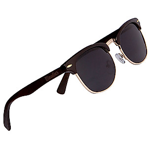 Woodies Wood Semi Rimless Sunglasses Polarized Black Lenses for Men & Women - Beach Ebony Wooden Frame - 100% UVA UVB Ray Protection