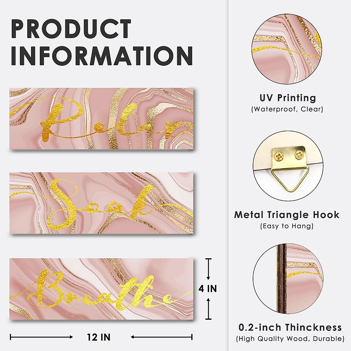 3 Pieces Funny Rustic Wooden Art Wall Hangings Relax Soak Breathe Pink Gold Marble Style Wood Signs 12 X 4 Inches for Home, Living Room, Bedroom, Yoga Room Wall Decor