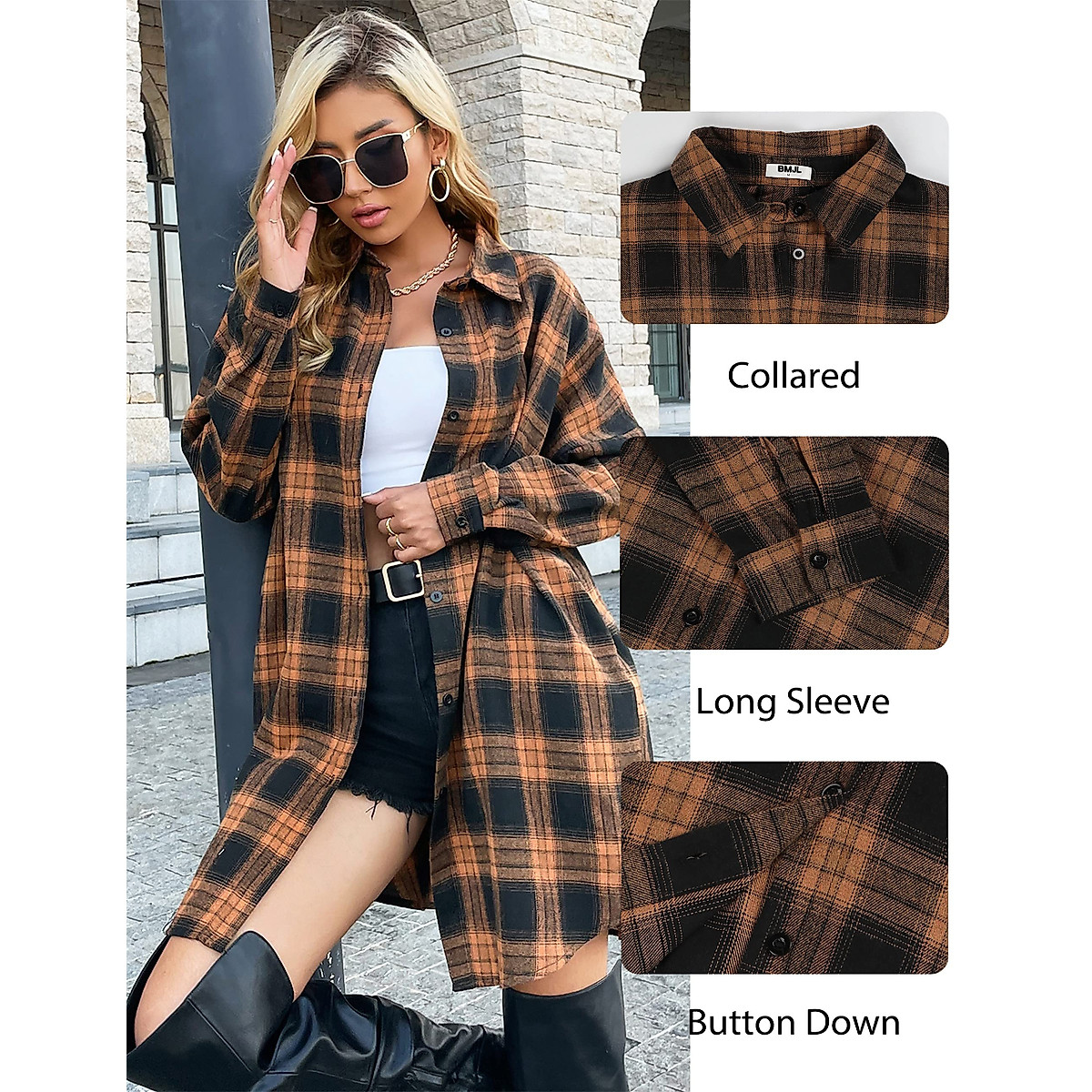 BMJL Womens Button Down Flannel Shirts Oversized Buffalo Plaid Shacket Long Sleeve Shirt Dress Long Jacket Coat Fall Tops fashion 2023(Brown, M)