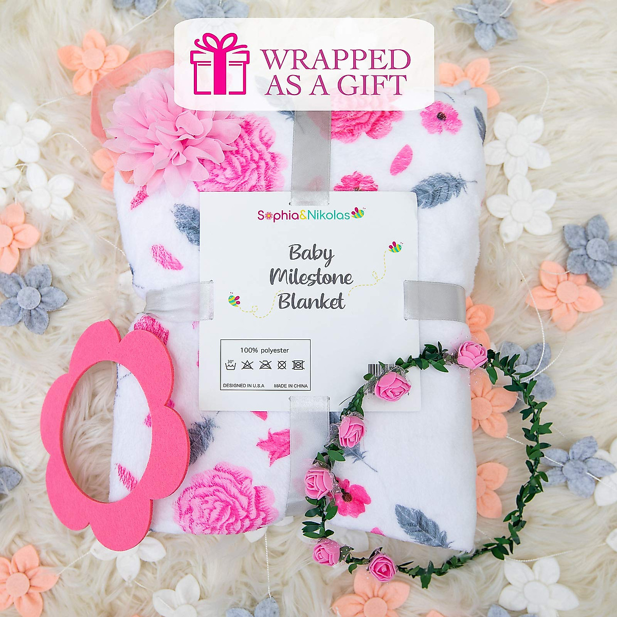 Sophia&Nikolas Baby Monthly Milestone Blanket | Includes Floral Wreath & Headband | 1 to 12 Months | Premium Extra Soft Fleece | Best Photography Backdrop| Mothers Day | Baby Girl