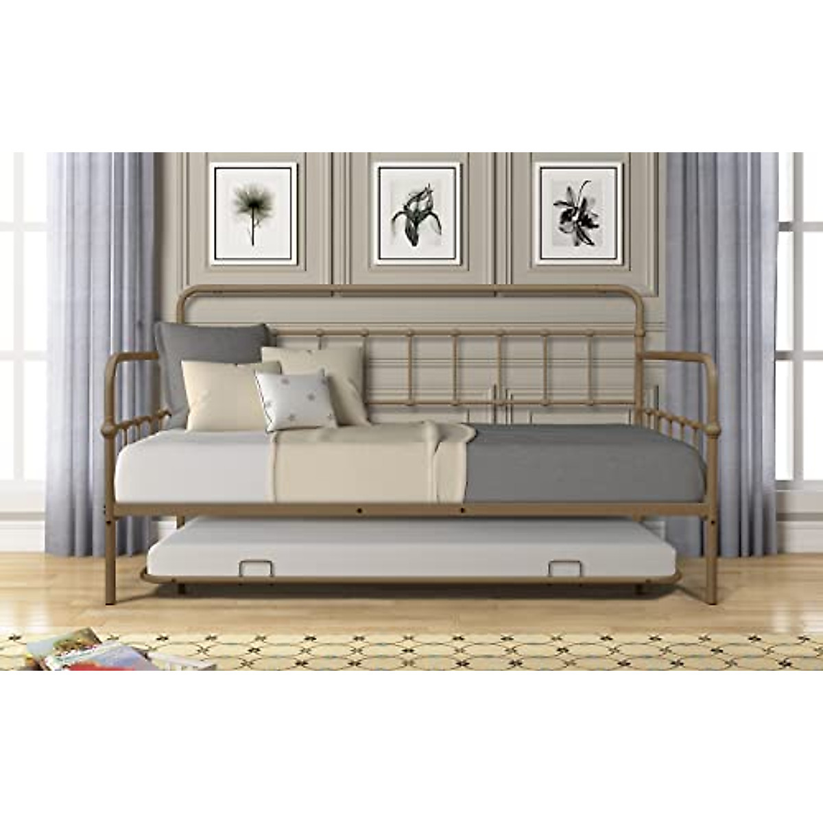 Merax Twin Daybed Sofa Bed with Upholstered Sideboard with Trundle, Metal + Bronze