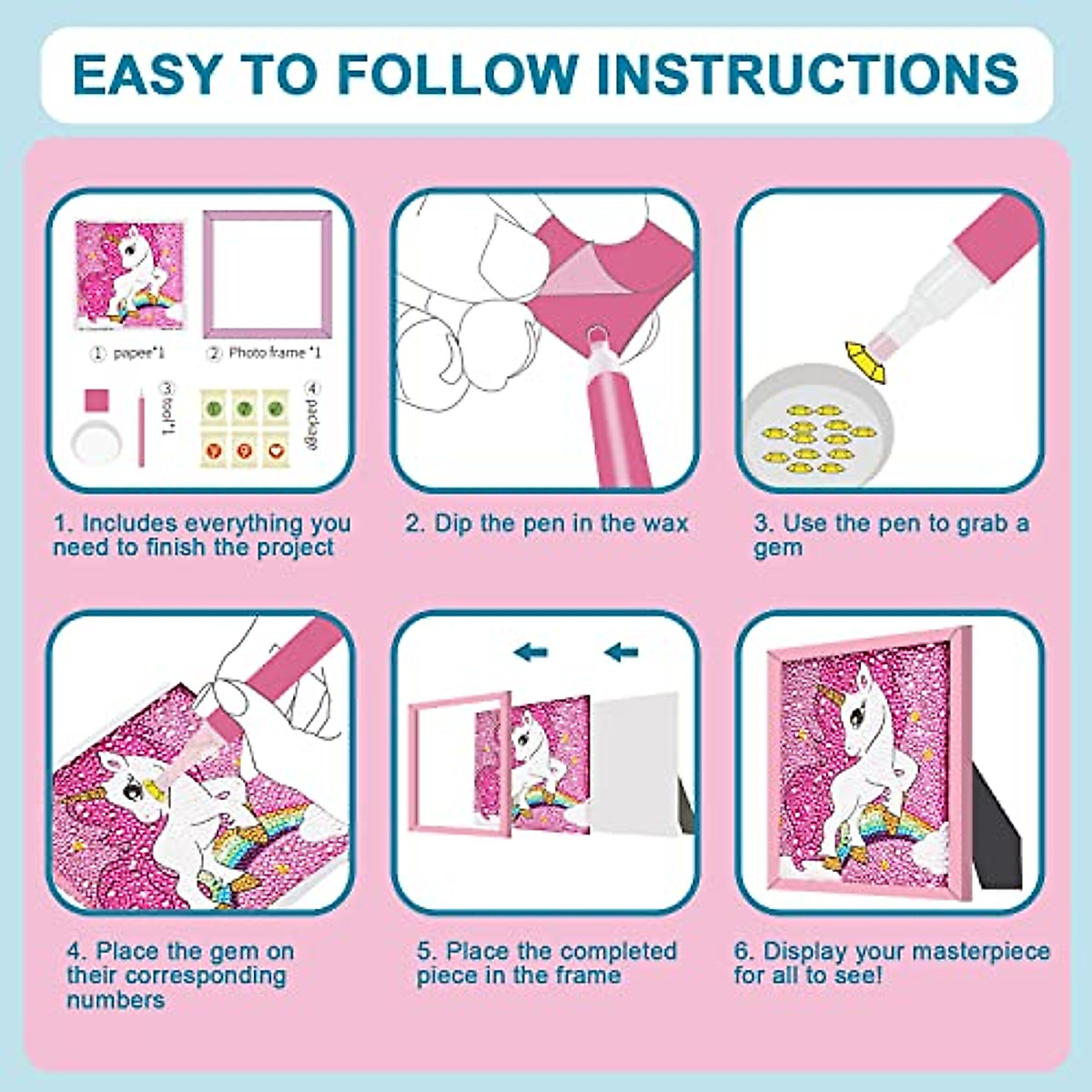 TOY Life 5D Diamond Painting Kits for Kids with Wooden Frame - Diamond Arts and Crafts for Kids Ages 6-8-10-12 Gem Art Painting Kit Girls Unicorn Crafts - Unicorn Diamond Painting Kits for Kids Girls