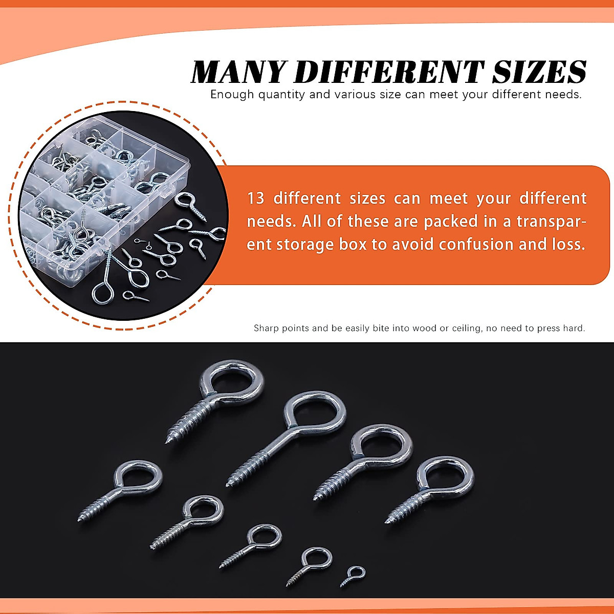 Tanstic 300Pcs 13 Sizes Zinc Plated Eye Bolts Screw Eyes Assortment Kit, Screw-in Eye Bolts Screw Eyes Hooks Screw in Hooks Ceiling Hanging Hooks for Home Workplace Office
