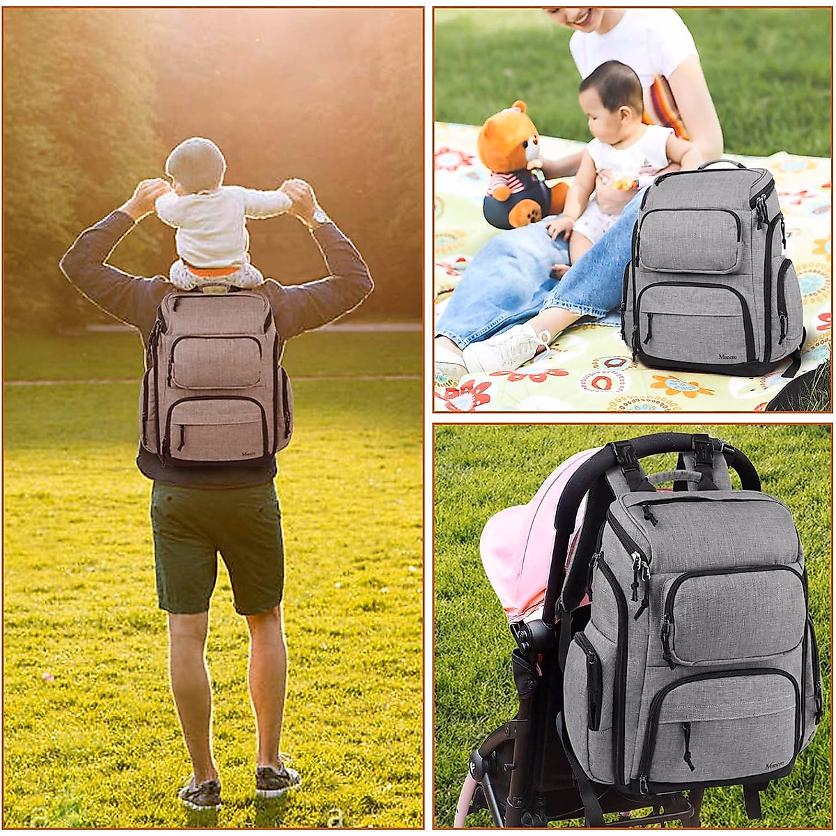 Mancro Diaper Bag Backpack, Multifunctional Travel Dad Diaper Bag with Insulated Pockets, Large Capacity Baby Diaper Backpack for Men and Women with Laptop Pocket and Stroller Straps, Grey