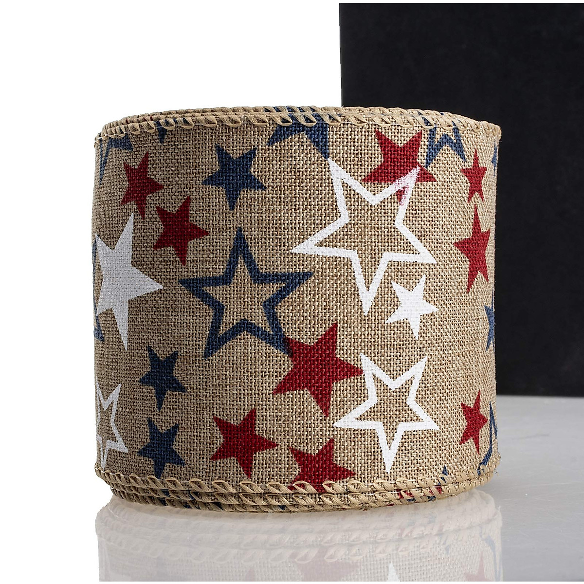 Red White Blue Stars Pattern Wired Edge Burlap Ribbon, 10 Yards by 2.5 Inches (Style 3)