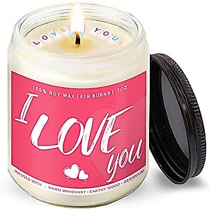 I Love You Candle Gifts | Warm Mahogany | Earthy Wood | Geranium Scented Soy Wax Candle Romantic Valentines Day Gifts for her/him/mom