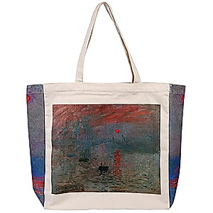 Sanmuci Canvas Tote Bag, Women's Large Zip Canvas Bag with Pockets, Vintage Graphic Aesthetic Shoulder Bags, Reusable Grocery Lunch Bag - Monet·Sunrise Impression