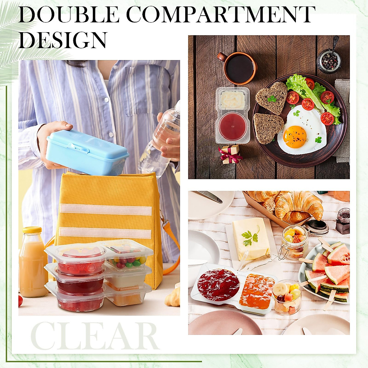 Blushtier 50 Pcs 5 oz Double Compartment Snack Containers with Lids Clear 2 Compartment Small Disposable Plastic Snack Containers for Sauce Salad Travel Sampling