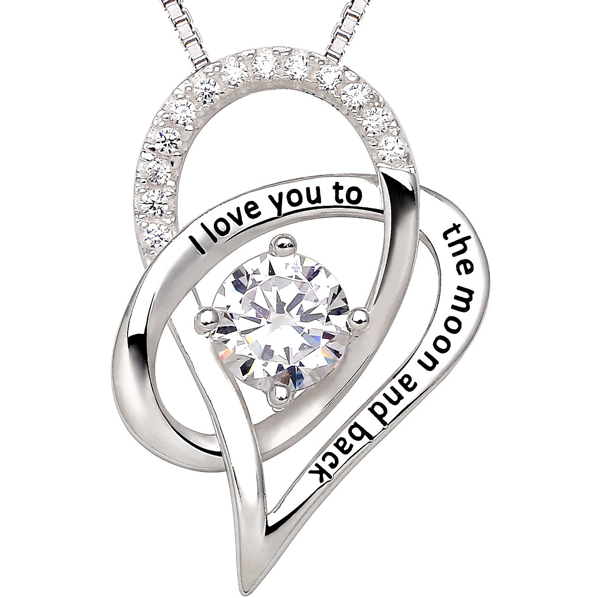 ALOV Jewelry Sterling Silver "I Love You To The Moon and Back" Love Heart Cubic Zirconia Pendant Necklace