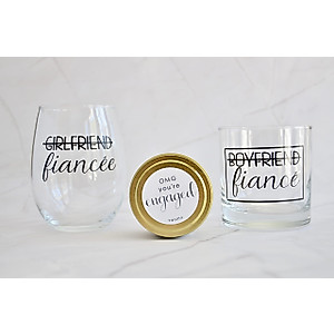 Engagement Gift Set for Couples - Boyfriend and Girlfriend Wine and Whiskey Glass With Candle - Fiance Fiancee Gift for Him and Her - His and Hers With Vanilla Scented Candle For Mr and Mrs