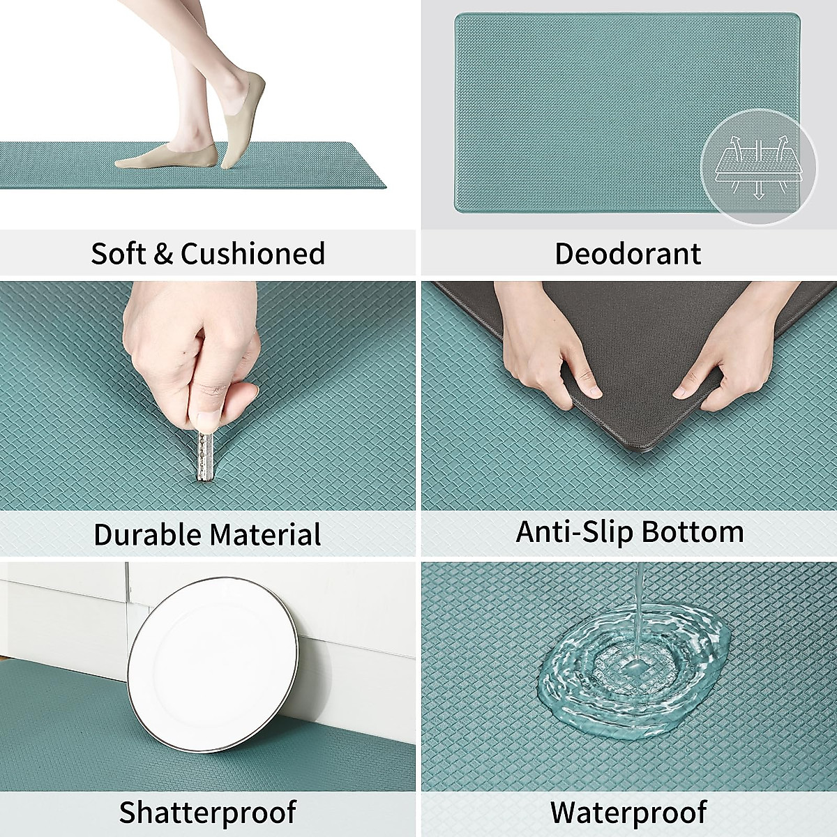 AUTODECO Kitchen Mats and Rugs Set of 2 - Cushioned Anti-Fatigue Kitchen Rug for Floor Washable 17"x29" +17"x59", Turquoise