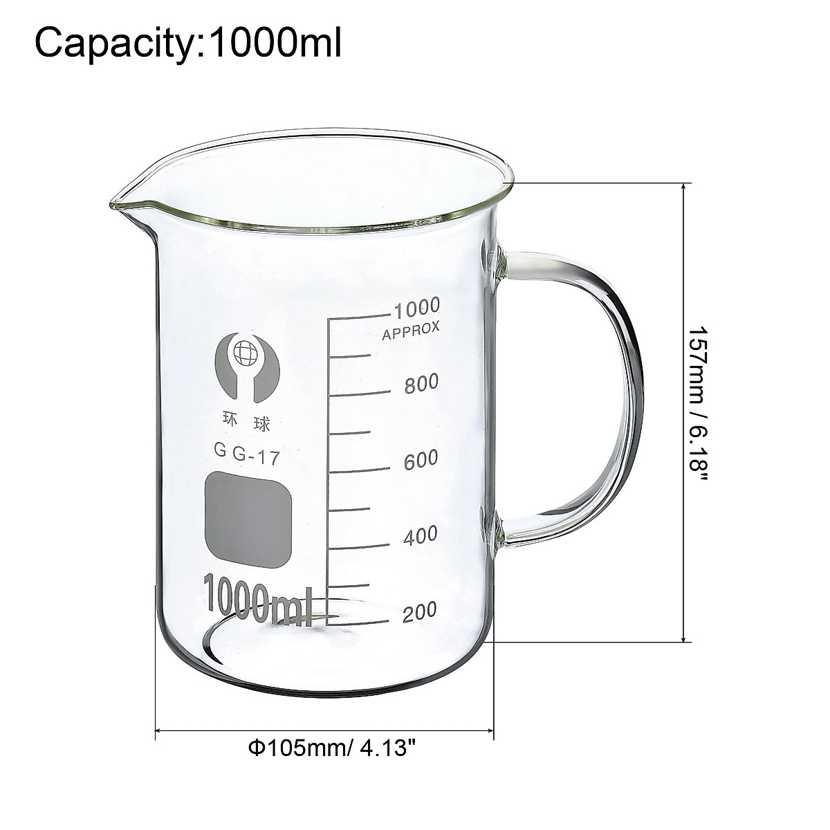 PATIKIL 1000ml Glass Beaker with Handle, 3.3 Borosilicate Glass Graduated Printed Scale Measuring Cups with Spout for Kitchen Lab Liquids Transit Boiling