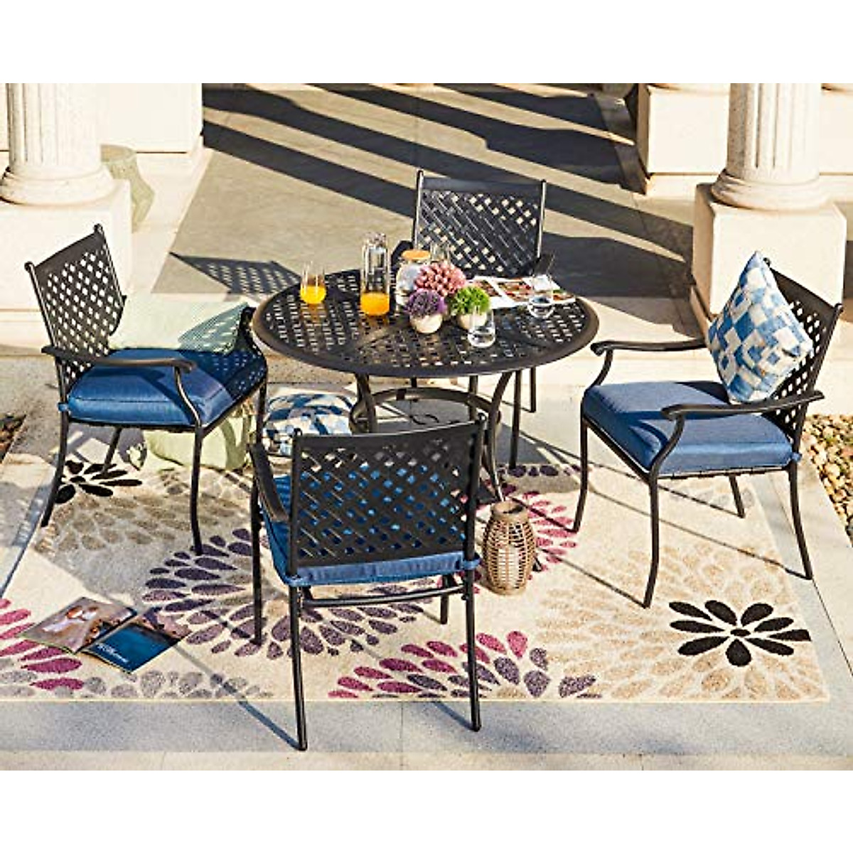 Top Space 4 Piece Metal Outdoor Wrought Iron Patio Furniture,Dinning Chairs Set with Arms and Seat Cushions (4 PC, Blue)