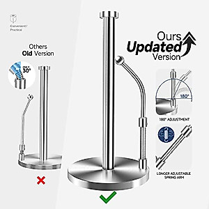 Paper Towel Holder Countertop,Longer Spring Arm(8cm) Stainless Steel Kitchen Paper Towel Holder Stand,Brushed Nickel Easy Tearing Paper Towel Dispenser with Weighted Base Fit Most Size Paper Roll,V1