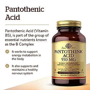 Solgar Pantothenic Acid 550 mg, 100 Vegetable Capsules - Vitamin B5 - Energy Metabolism, Nervous System Support - Gluten Free, Dairy Free, Kosher - 100 Servings