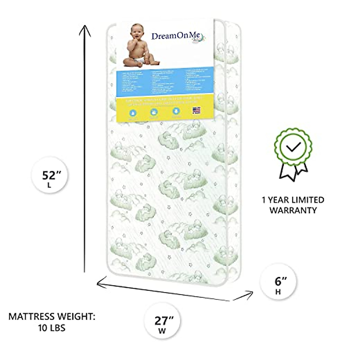 Dream On Me, Nirvana 6” 96 Coil Inner Spring Crib And Toddler Mattress I Waterproof I Green Guard Gold Certified I 10 Years Manufacture Warranty I Vinyl Cover I Made In The U.S.A