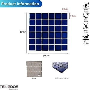 Tenedos Premium Quality Cobalt Blue Porcelain Square Mosaic Floor Wall Tile Shiny Look 2x2 Inch for Kitchen Backsplash, Pool Tile, Bathroom Shower, Accent Decor (Box of 21.76 Sq Ft)