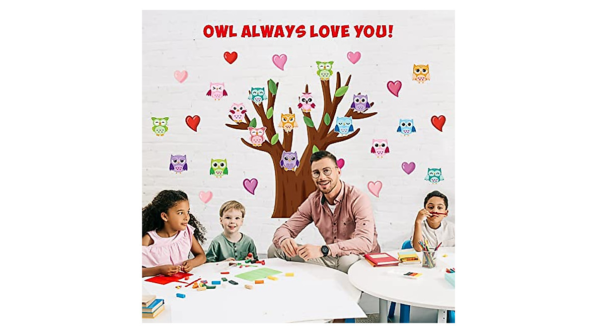 111Pcs Valentine's Day Classroom Tree Heart Owls Bulletin Board Cut 0ut ...