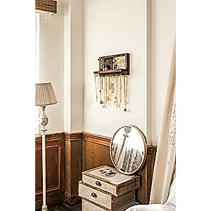 Mkono Rustic Wall Mounted Jewelry Organizer with Bracelet Rod and 30 Hooks Wood Hanging Jewellery Holder for Necklaces, Earrings, Bracelets, Rings, Display Shelf for Cabinet,Mother's Day Gift