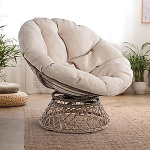 Bme Ergonomic Wicker Papasan Chair with Soft Thick Density Fabric Cushion, High Capacity Steel Frame, 360 Degree Swivel for Living, Bedroom, Reading Room, Lounge, Sepia Sand - Brown Base