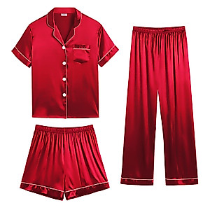 SWOMOG Womens 3pcs Pajamas Set Silk Satin Short Sleeve Sleepwear Button Down Loungewear Pjs Nightwear Red Medium