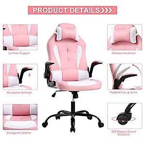 Gaming Chair Pink Meet Perfect Ergonomic Office Chair Desk Chair Leather Computer Chair Lumbar Support and Head Pillow Modern Executive Chair Adjustable Rolling Swivel Task Chair for Girls Women Teens
