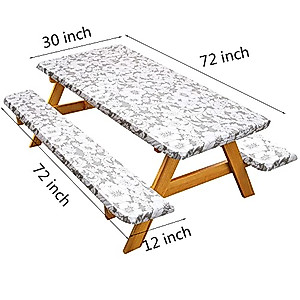 Vinyl Picnic Tablecloths and Bench Covers, Waterproof Wipeable Picnic Table and Bench Seat Covers with Elastic Edges for Outdoor Patio Park, Gray Flower Flannel Backed Lining, 72 Inch 3 Piece Set
