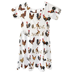 Biyejit Rooster Chicken Print Girl's Short Sleeve Dress 3D Printed Casual Swing Twirl Skirt for Holiday Theme Party 3-14Y