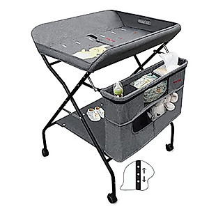 Holy Cat Baby Portable Changing Table with Wheels Adjustable Height Folding Infant Diaper Station Mobile Nursery Stand with Newborn Lightweight Large Storage Rack - Grey